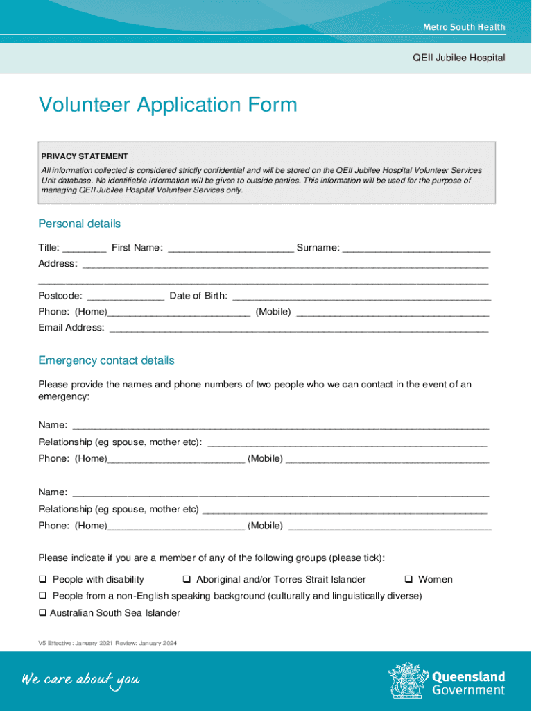 Fillable Online metrosouth health qld gov Volunteer Application Form ...