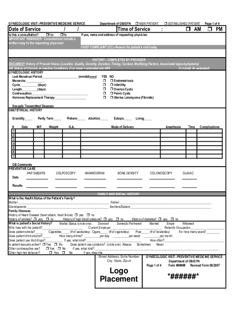 Fillable Online Gynecologic Visit--Preventive Medicine Service--OB-GYN--No affiliation.xls Fax ...