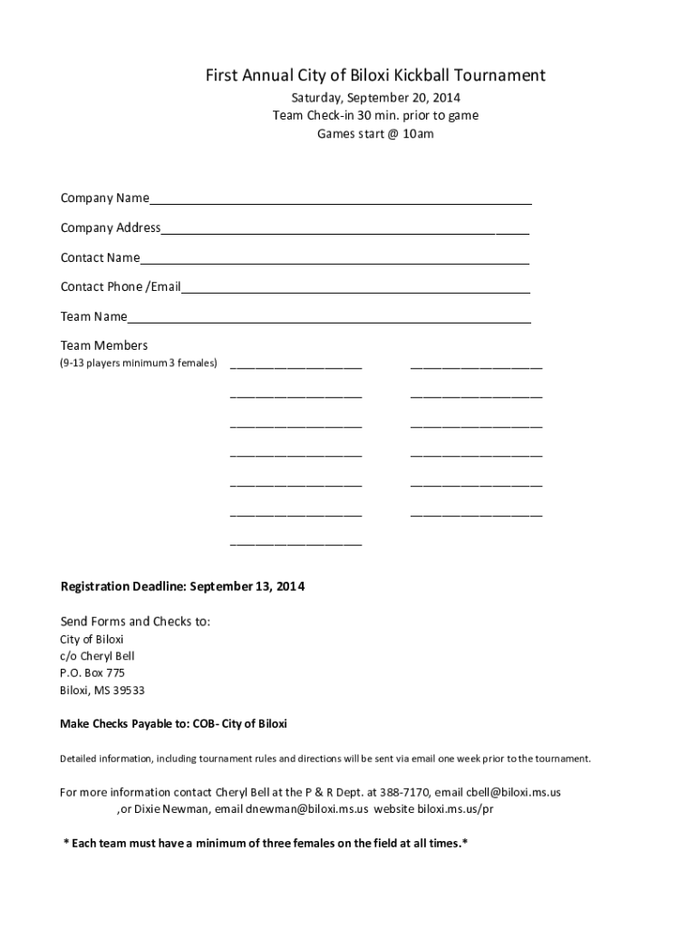 Fillable Online First Annual City of Biloxi Kickball Tournament Fax ...