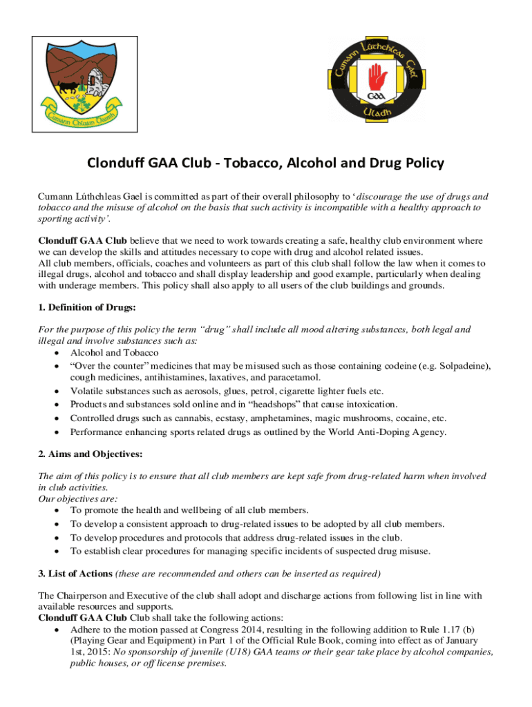 Fillable Online Clonduff GAA Club - Tobacco, Alcohol and Drug Policy ...