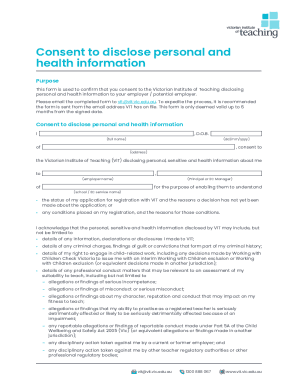 Fillable Online Consent to disclose personal and health information. Consent form for teachers ...