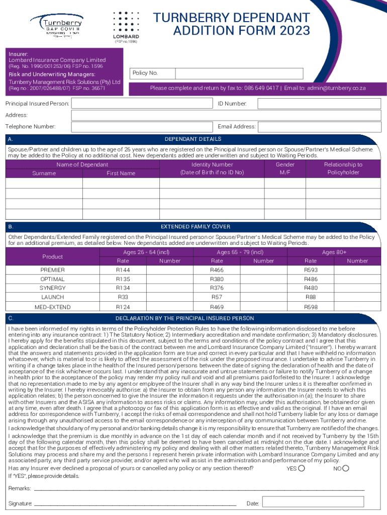 Fillable Online turnberry co TURNBERRY DEPENDANT ADDITION FORM 2023 Fax Email Print - pdfFiller