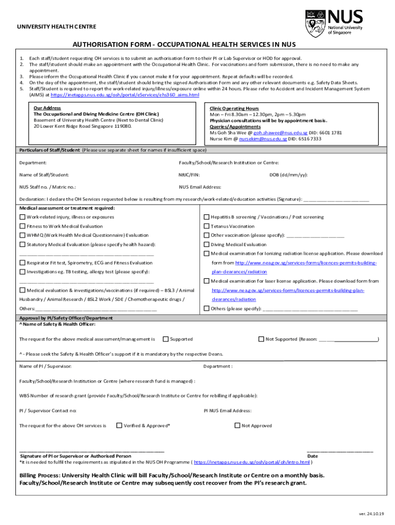 Fillable Online Authorization form for Occupational Health Services Fax ...
