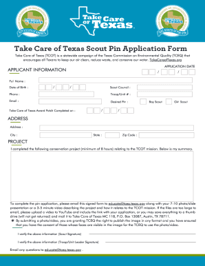 Fillable Online Take Care of Texas Scout Pin Application Form Fax Email ...