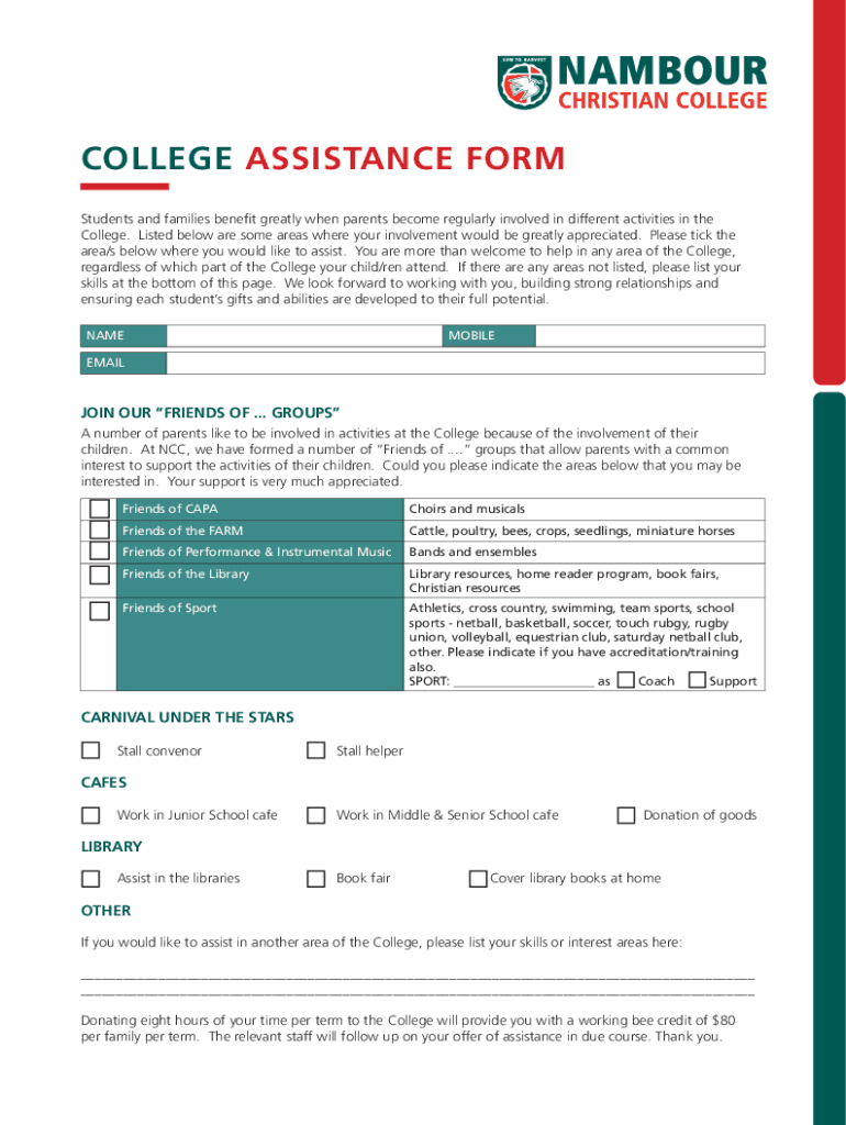 Fillable Online COLLEGE ASSISTANCE FORM Fax Email Print - pdfFiller