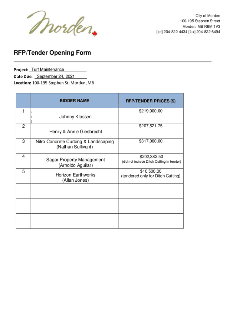 Fillable Online RFP/Tender Opening Form Fax Email Print - pdfFiller