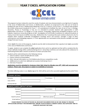 Fillable Online centenaryshs eq edu YEAR 7 EXCEL APPLICATION FORM Fax ...