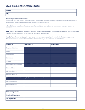 Fillable Online YEAR 9 SUBJECT SELECTION FORM Fax Email Print - pdfFiller