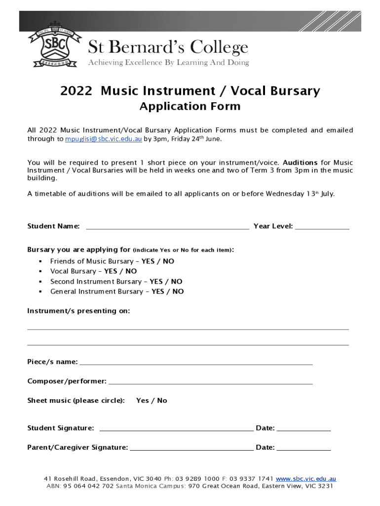 Fillable Online 2022 Music Instrument / Vocal Bursary Application Form ...