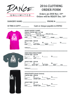 Fillable Online 2016 CLOTHING ORDER FORM - Dance Unlimited Fax Email ...