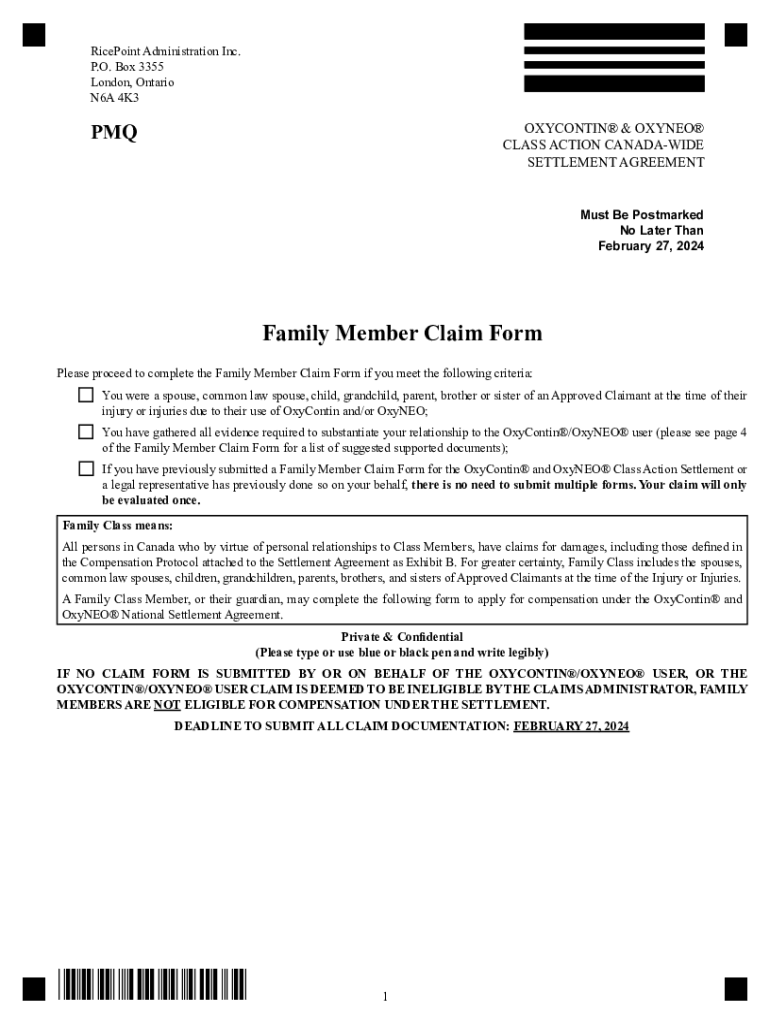 Fillable Online Family Member Claim Form Class Action Settlement Fax