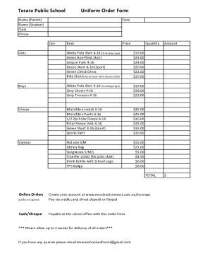 Fillable Online Terara Public School Uniform Order Form - ENewsletter ...