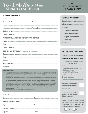 Fillable Online 2022 STUDENT ENTRY COVER SHEET Fax Email Print - pdfFiller
