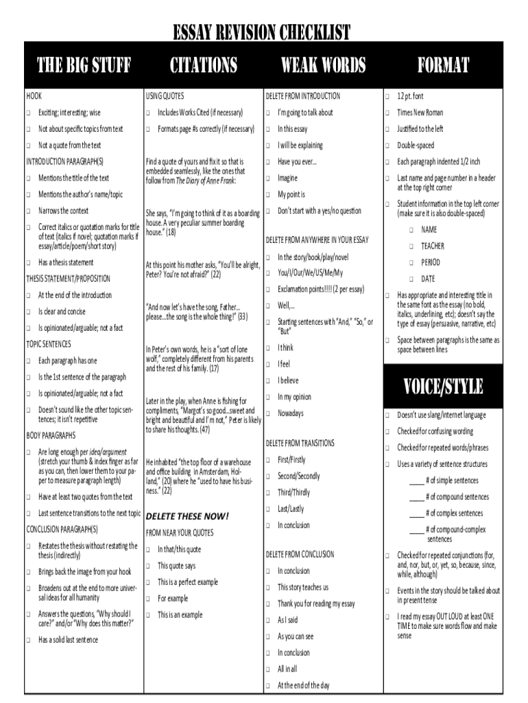 Fillable Online Essay Revision Checklist Fax Email Print - pdfFiller