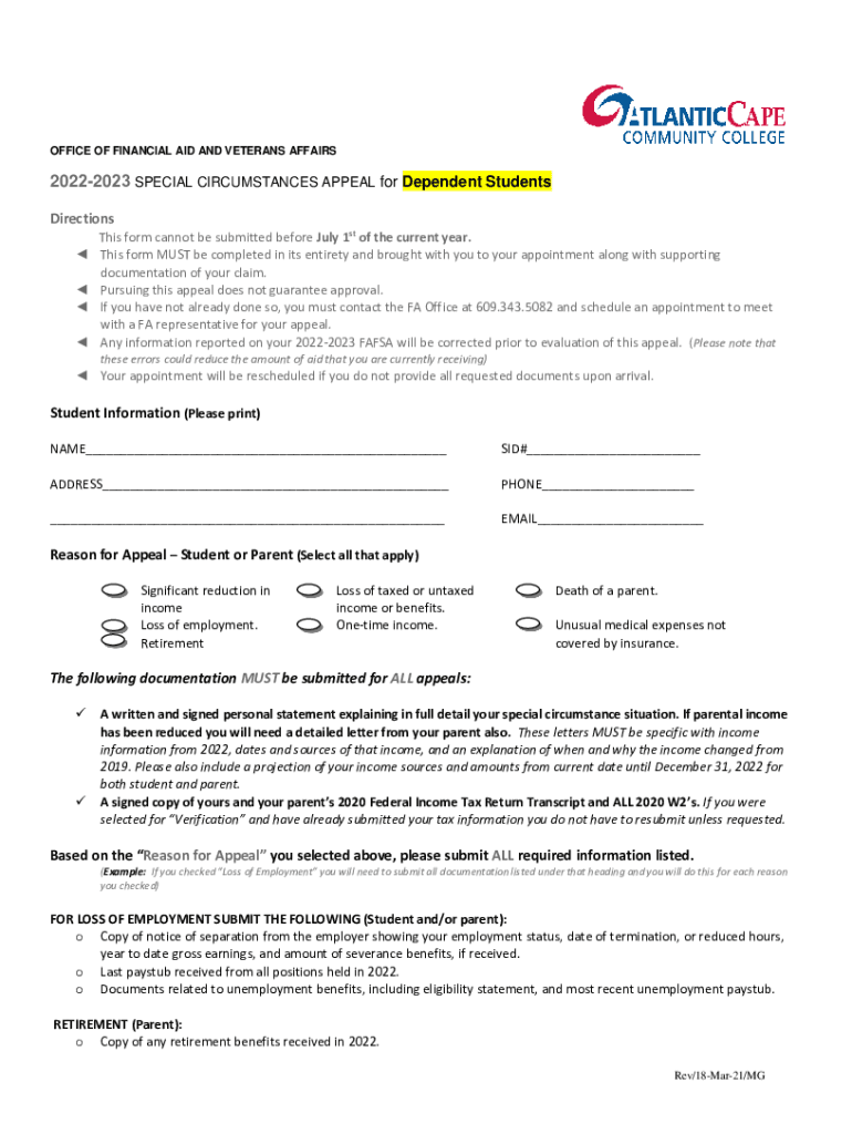Fillable Online 2021-2022 SPECIAL CIRCUMSTANCES APPEAL for Dependent ...