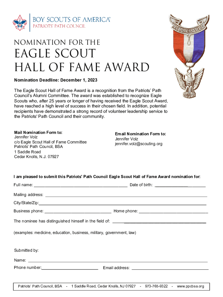 Fillable Online nomination for the - eagle scout hall of fame award Fax ...