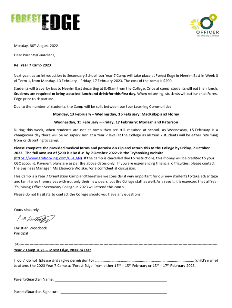 Fillable Online Year 7 Camp Permission and Medical Form 2023.docx Fax Email Print - pdfFiller