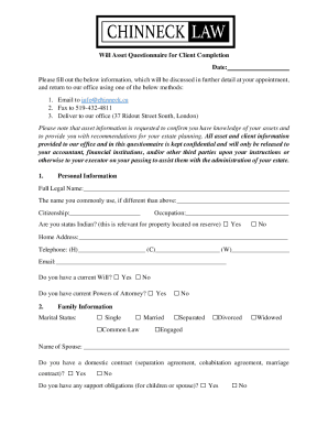 Fillable Online Will Asset Questionnaire for Client Completion Fax ...
