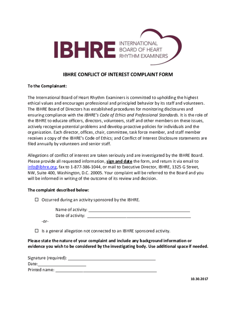 Fillable Online IBHRE CONFLICT OF INTEREST COMPLAINT FORM Fax Email ...
