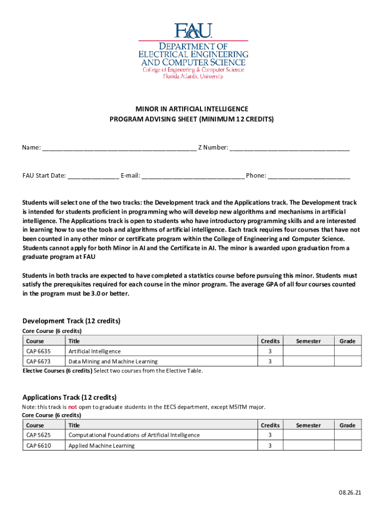 Fillable Online minor in artificial intelligence program advising sheet ...
