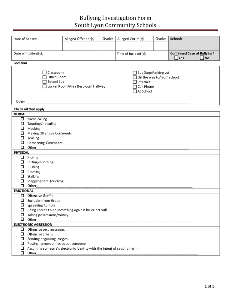 Fillable Online Bullying Investigation Form South Lyon Community ...