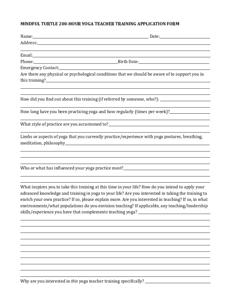 Fillable Online 200-Hour Yoga Teacher Training Application - Tula ...