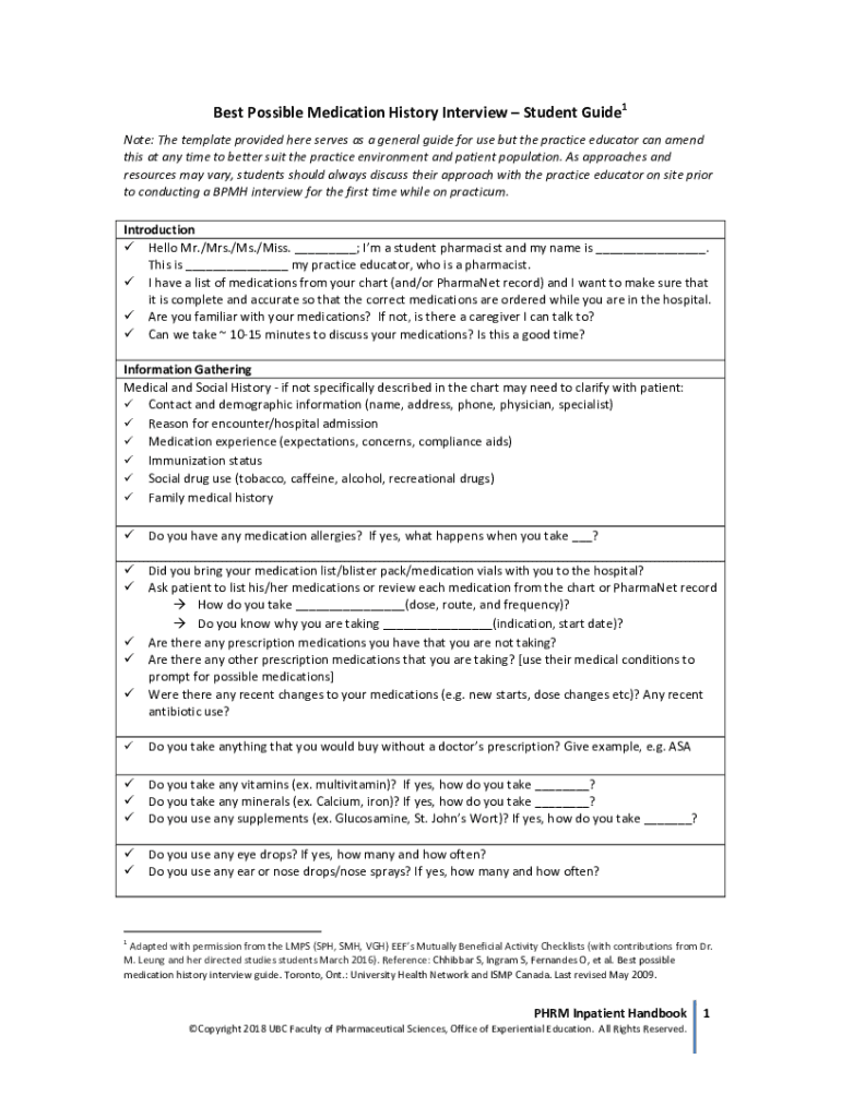 Fillable Online Best Possible Medication History InterviewStudent Guide1 Fax Email Print - pdfFiller