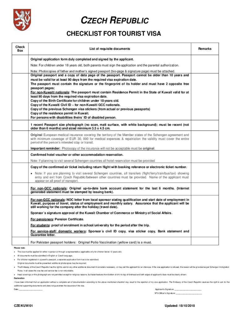 Fillable Online czech republic - checklist for short stay visa ...