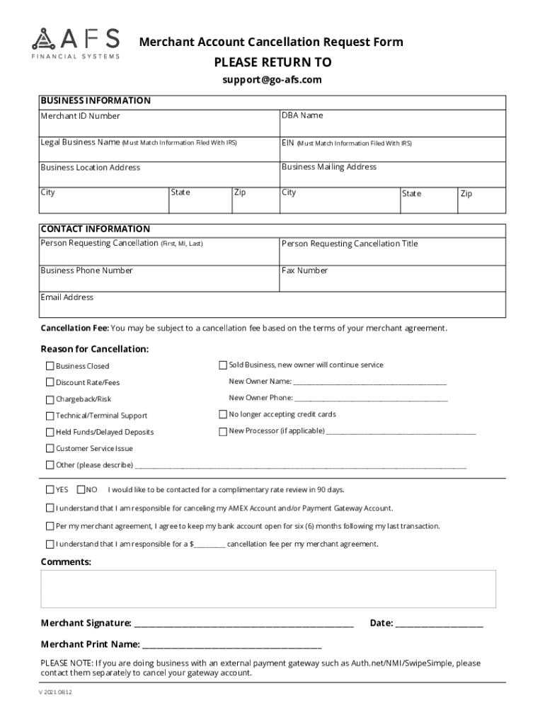 Fillable Online Merchant Account Cancellation Request Form Fax Email ...