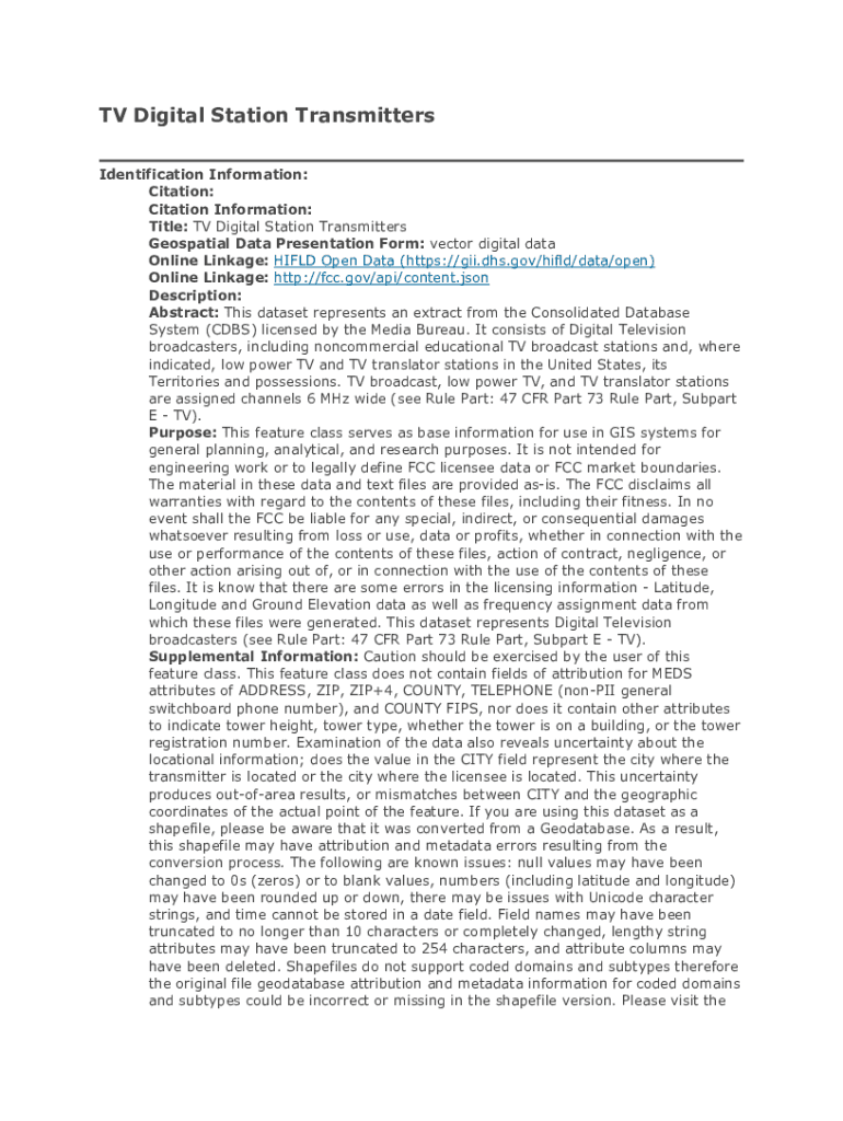 Fillable Online TV Digital Station TransmittersHIFLD Open Data Fax ...
