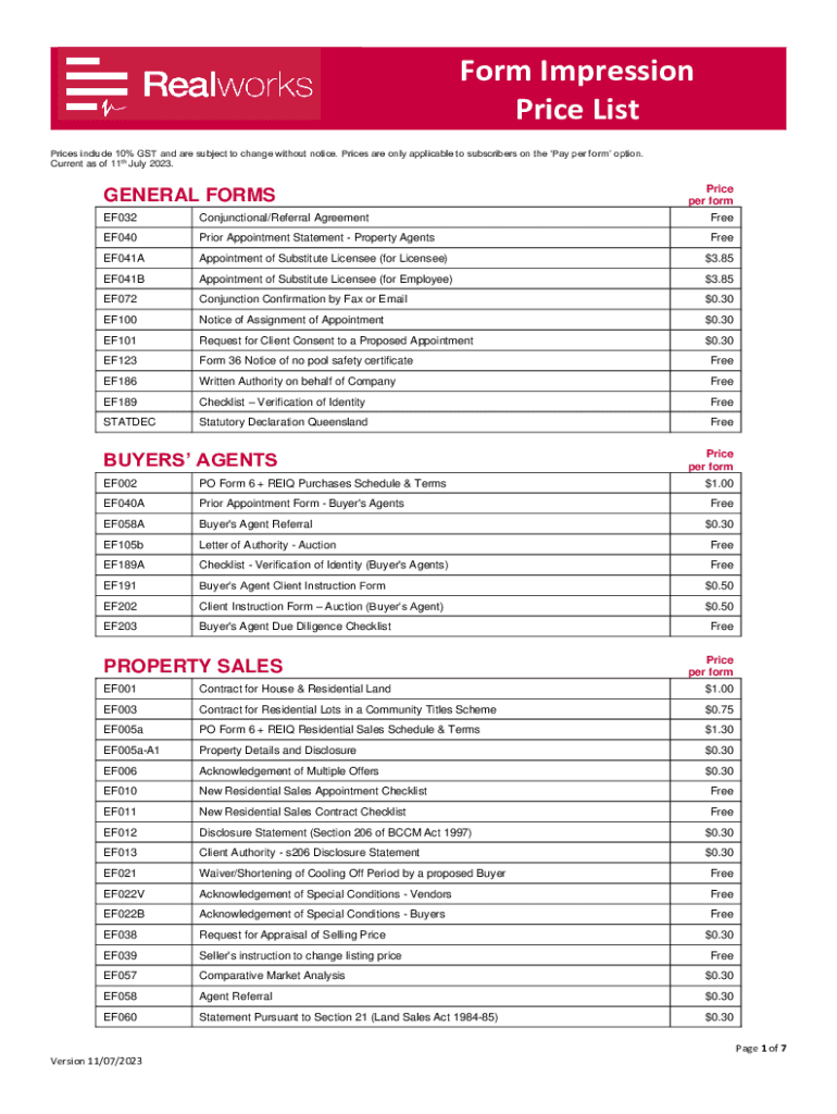Fillable Online Form Impression Price List - Realworks Fax Email Print ...