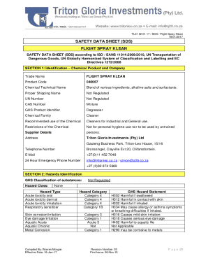 Fillable Online SAFETY DATA SHEET (SDS) FLIGHT SPRAY KLEAN Fax Email ...