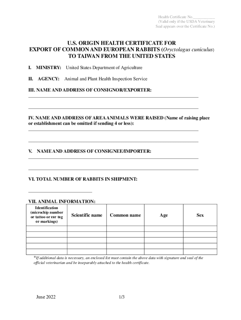 Fillable Online U.S. Origin Health Certificate for Export of Common and ...