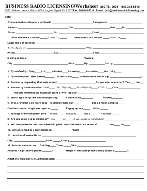 Fillable Online BUSINESS RADIO LICENSING/Worksheet 800-783-9006 ... Fax ...