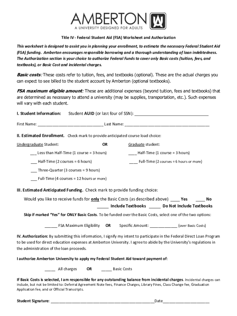 Fillable Online IV - Federal Student Aid (FSA) Worksheet and ...