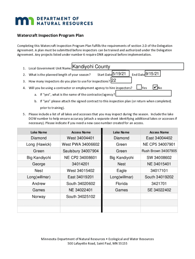 Fillable Online Watercraft Inspection Program Plan for Local ...