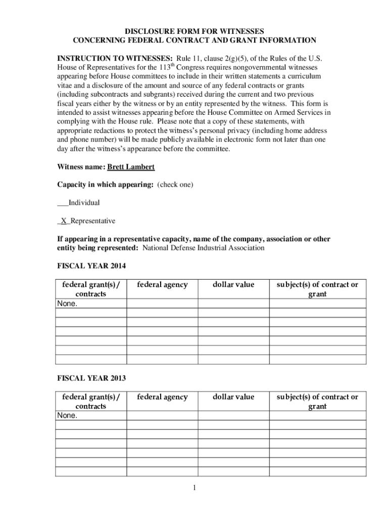 Fillable Online docs house 1 DISCLOSURE FORM FOR WITNESSES ... Fax ...