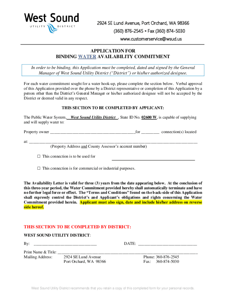 Fillable Online application for binding water availability commitment ...