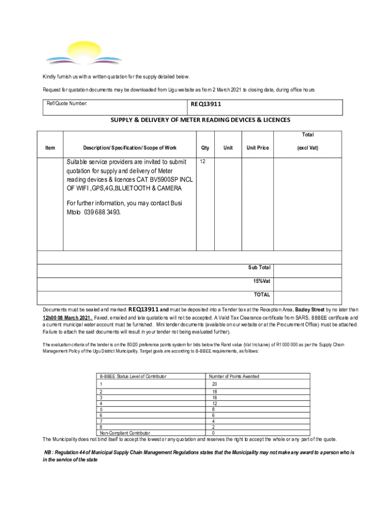 Fillable Online ugu gov req13911 supply & delivery of meter reading ...