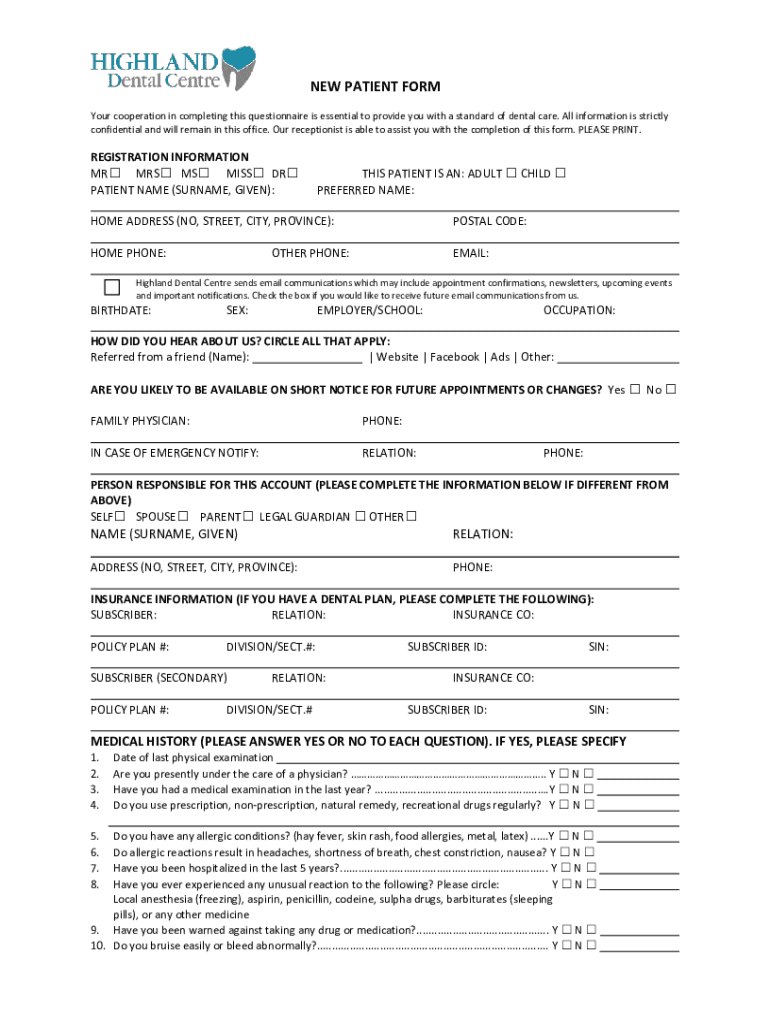 Fillable Online NEW PATIENT FORM - Highland Dental Centre Fax Email ...