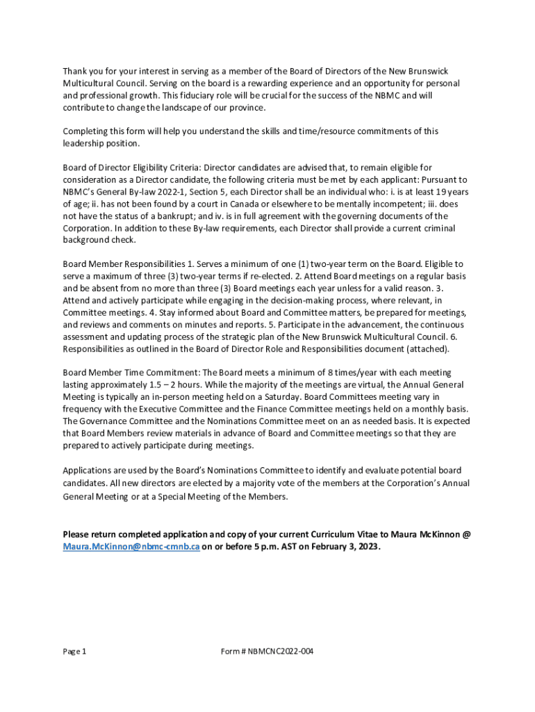 Fillable Online To Prospective Board Members: Thank you for your interest ... Fax Email Print ...