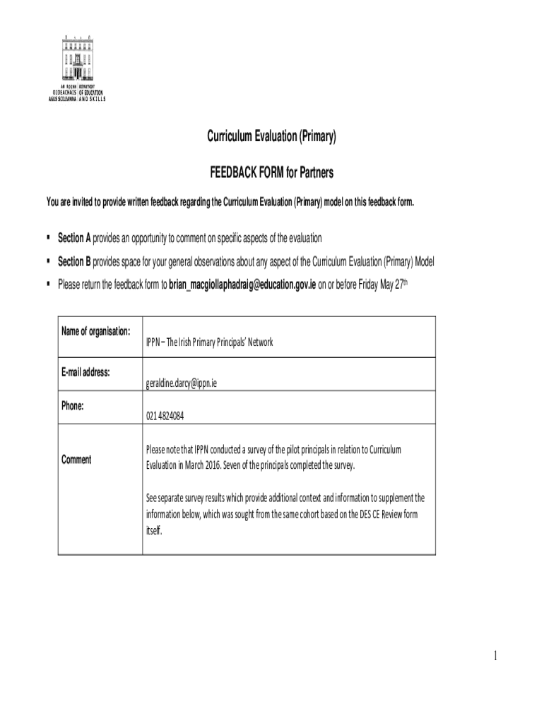 Fillable Online Curriculum Evaluation (Primary) FEEDBACK FORM for ...