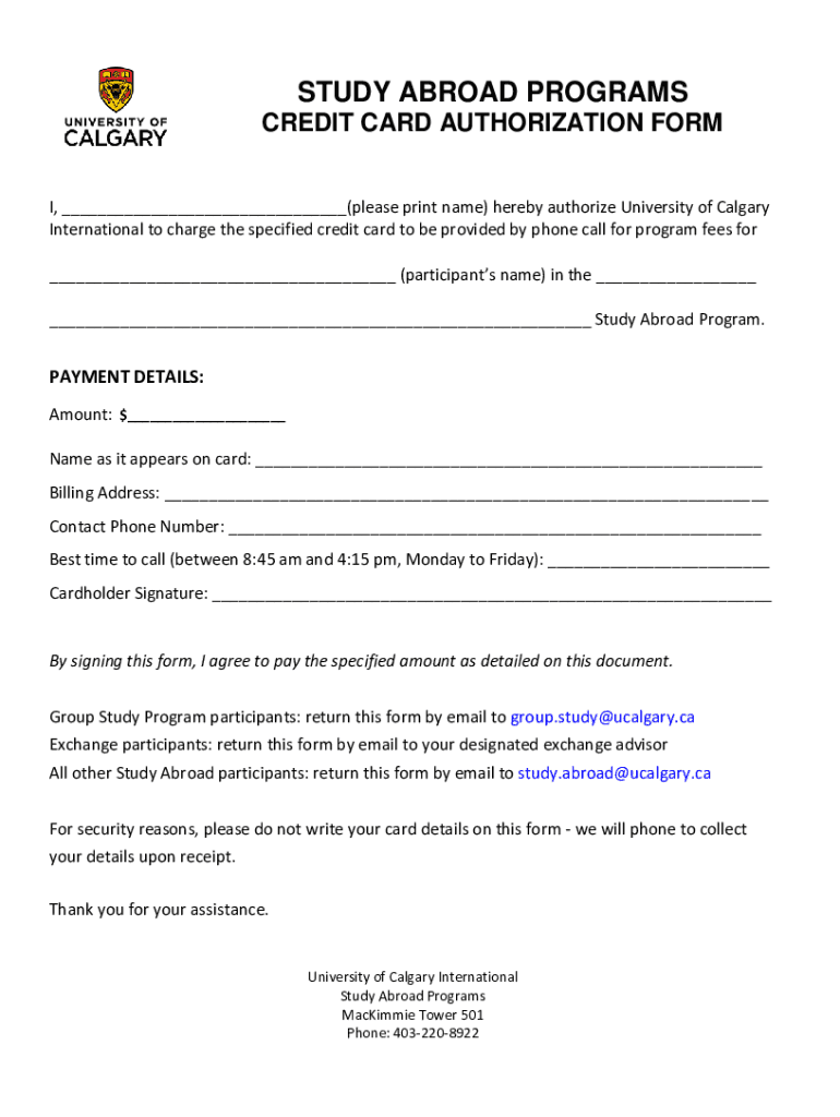 Fillable Online study abroad programs - credit card authorization form Fax Email Print - pdfFiller