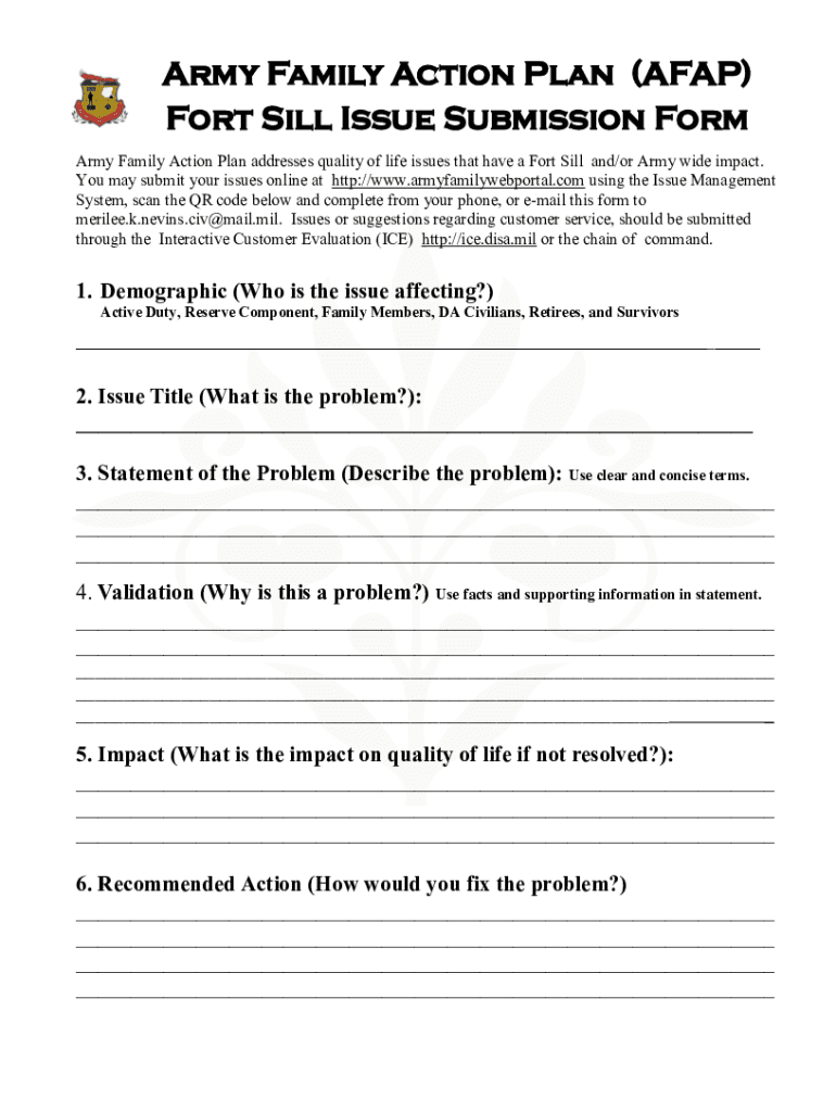 Fillable Online Army Family Action Plan - U.S. Army Garrisons Fax Email ...