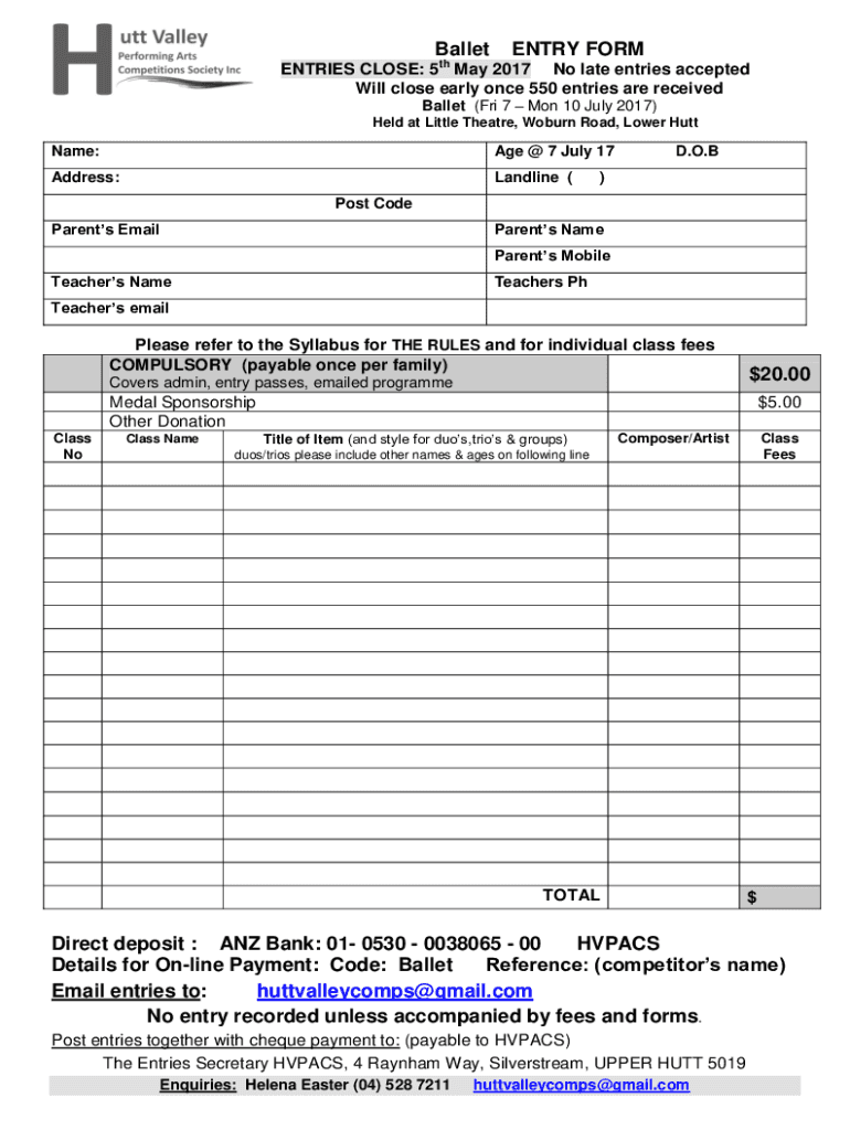 Fillable Online Ballet ENTRY FORM $20.00 Direct deposit : ANZ Bank: 01 ...