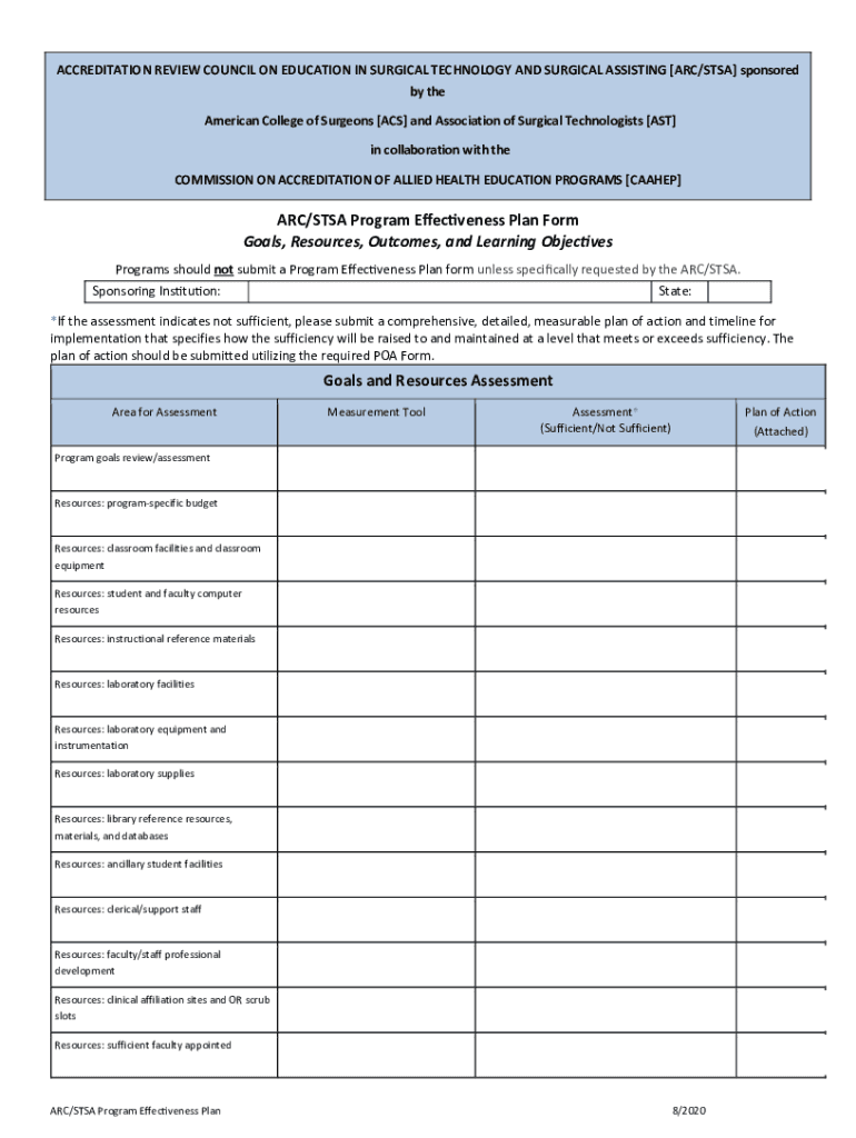 Fillable Online ARC/STSA Program Effec veness Plan Form Goals, ... Fax ...