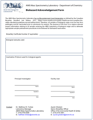 Fillable Online Biohazard Acknowledgement Form Fax Email Print - pdfFiller