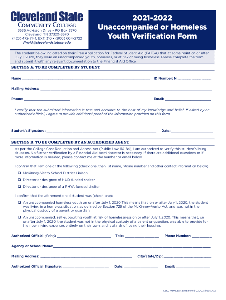 Fillable Online 2021-2022 Unaccompanied or Homeless Youth Verification ...