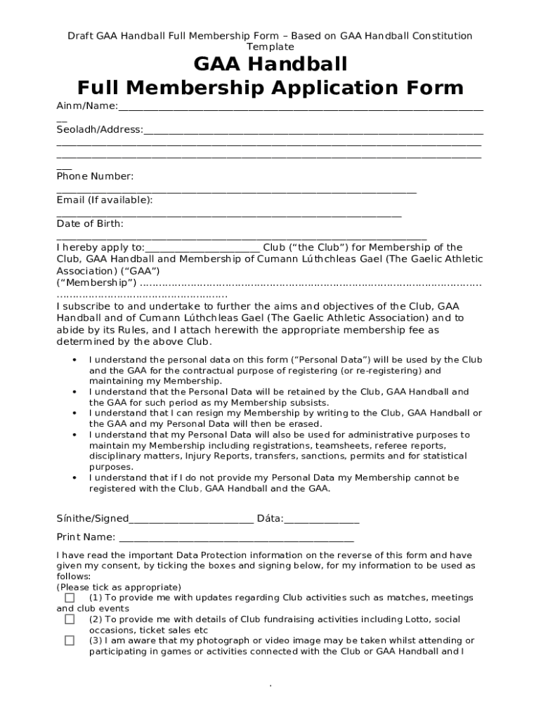 GAA Handball Full Membership Application - uploads gaahandball Doc ...