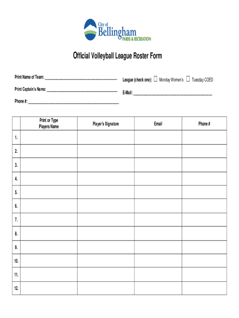 Fillable Online Adult Volleyball Team Roster Form Middleton Recreation ...